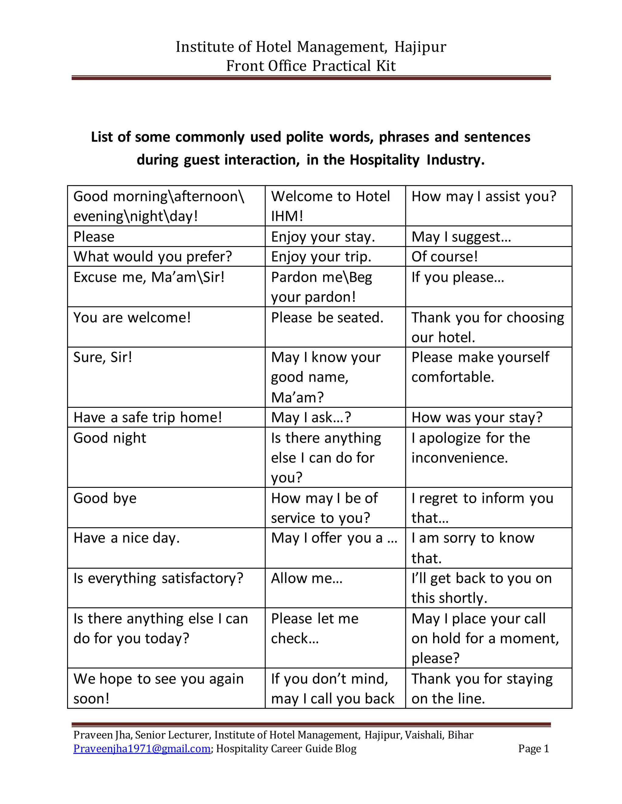 Front Office Practical Role Play Scripts for Hotel | DOCX