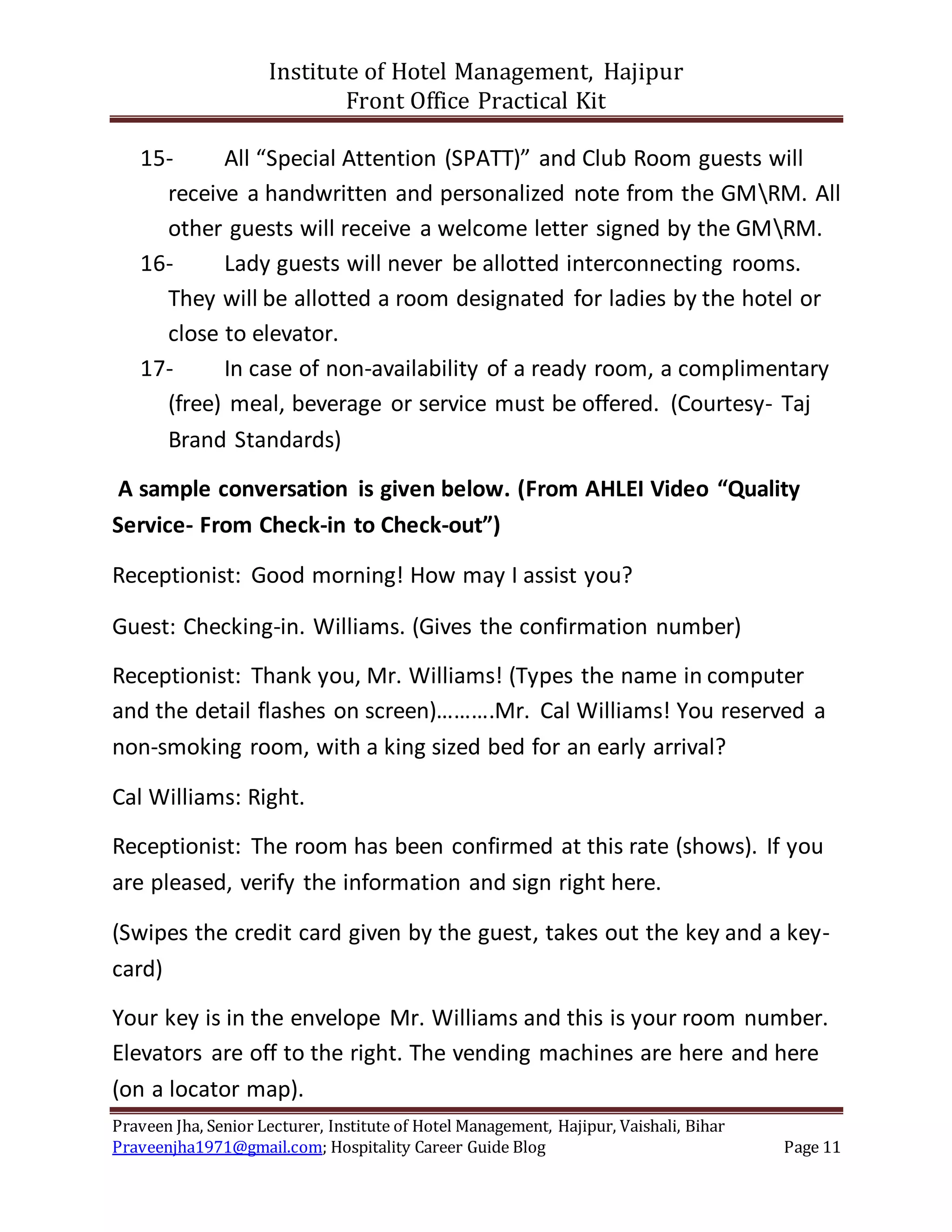 Front Office Practical Role Play Scripts for Hotel | DOCX