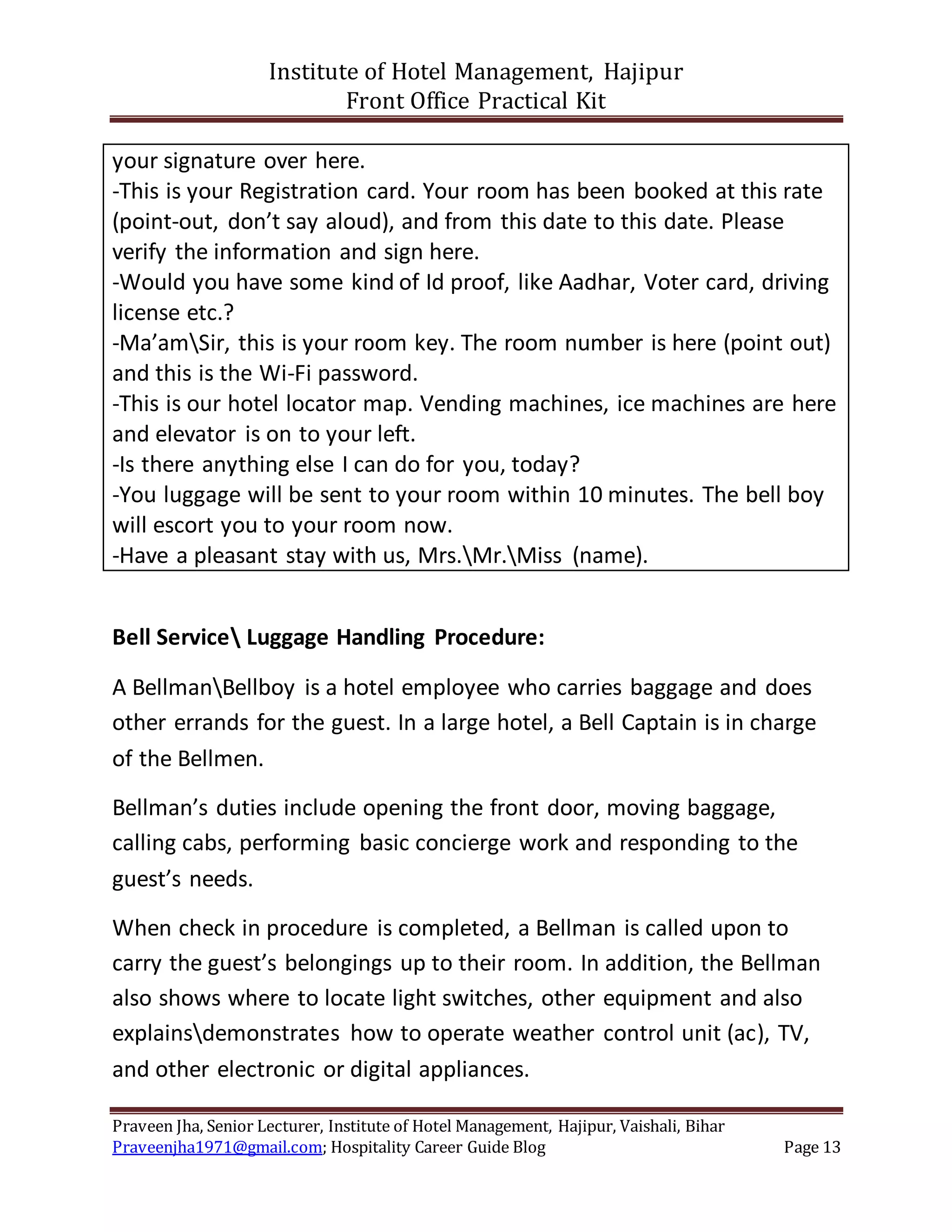 Front Office Practical Role Play Scripts for Hotel | DOCX