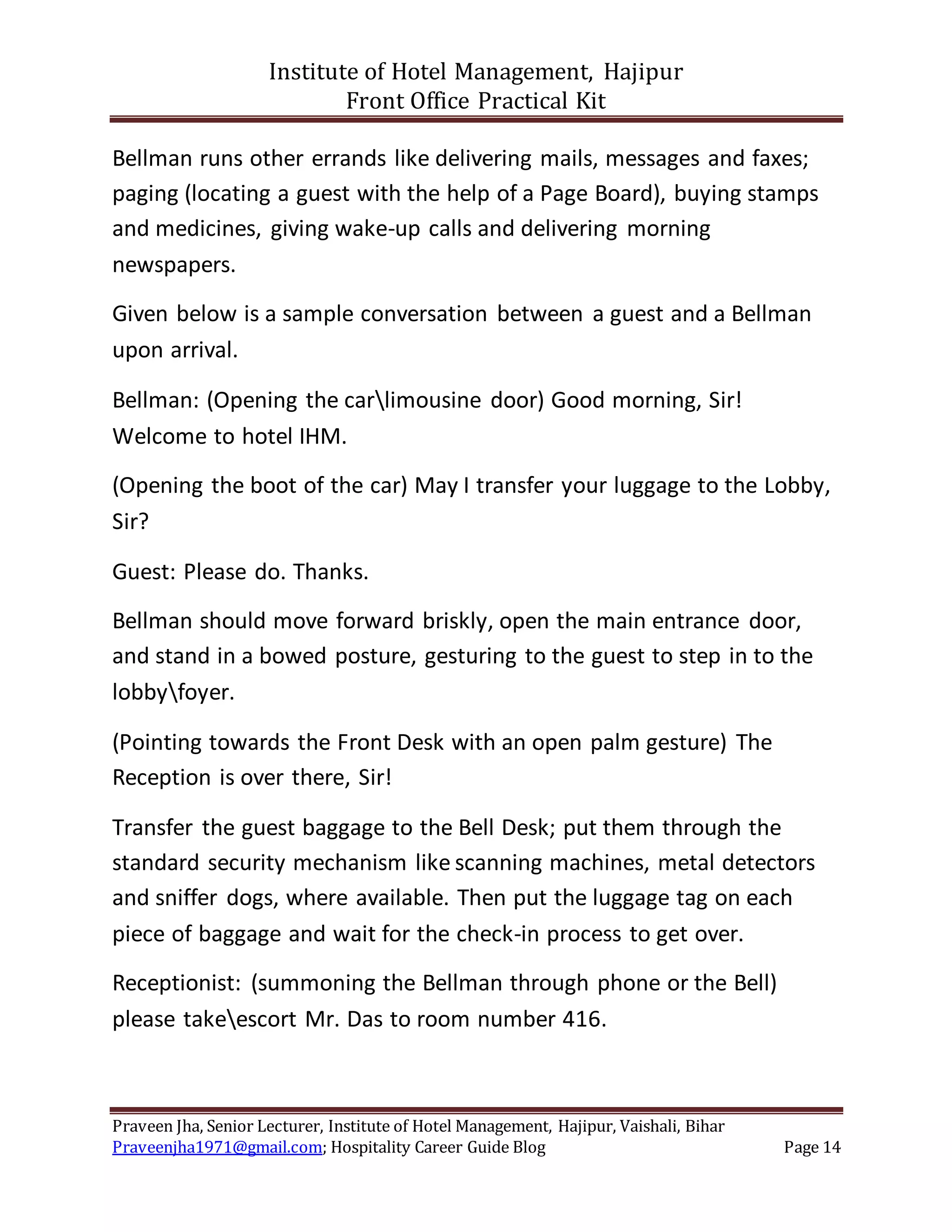 Front Office Practical Role Play Scripts for Hotel | DOCX