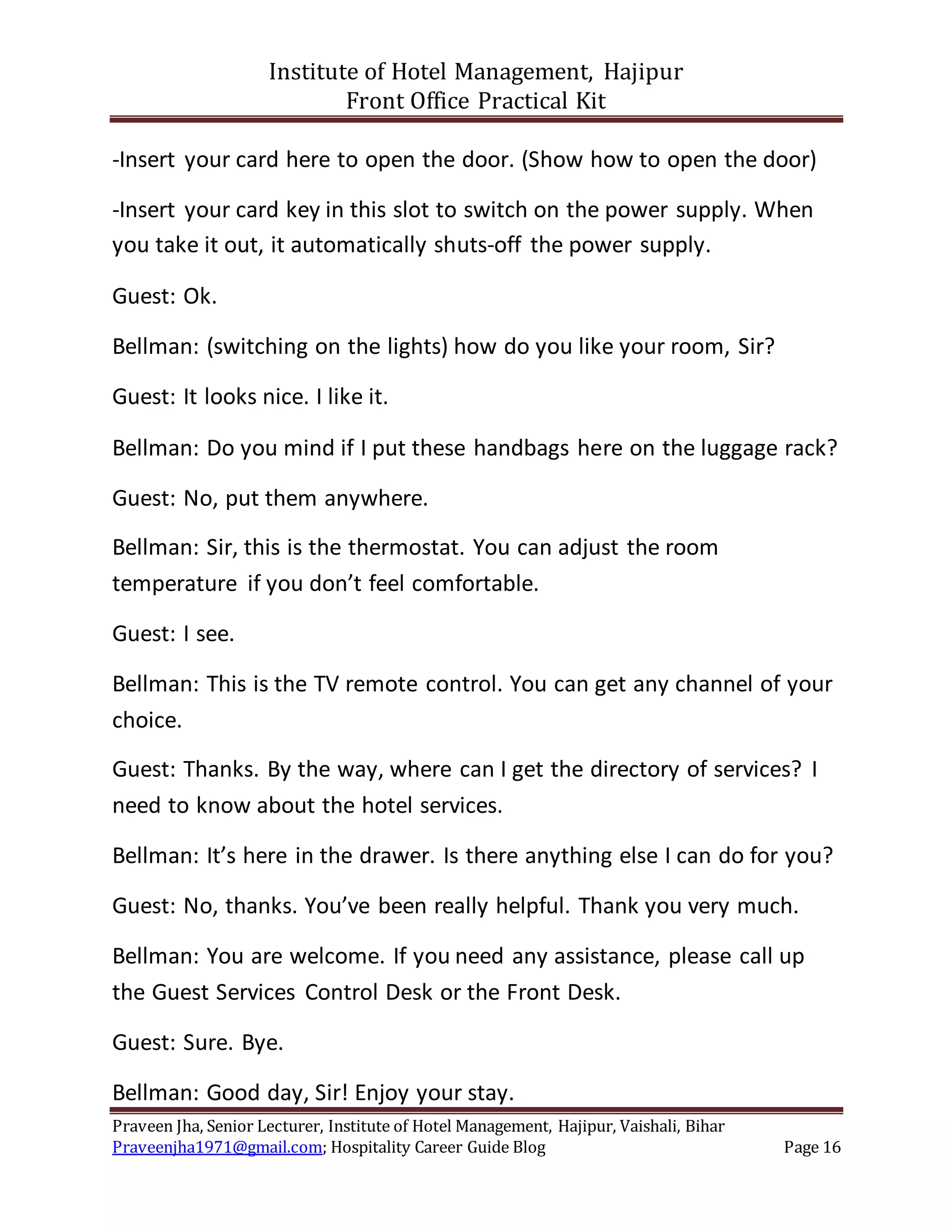 Front Office Practical Role Play Scripts for Hotel | DOCX