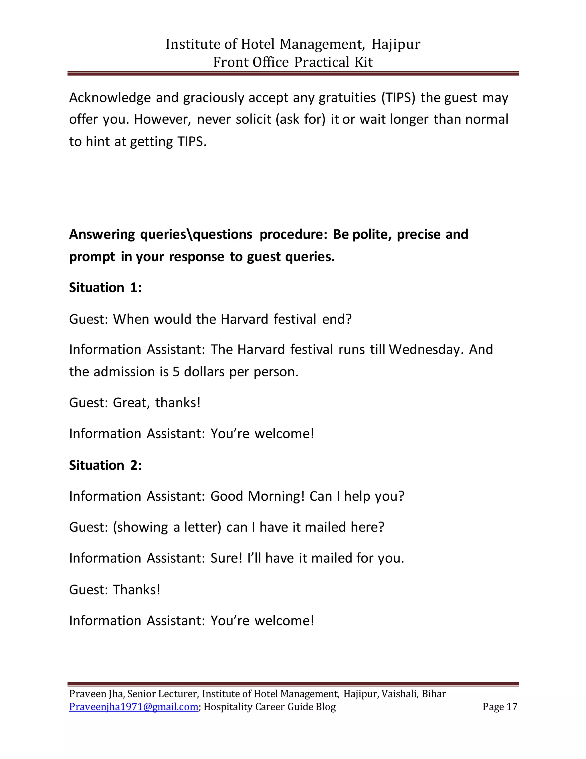 Front Office Practical Role Play Scripts for Hotel | DOCX