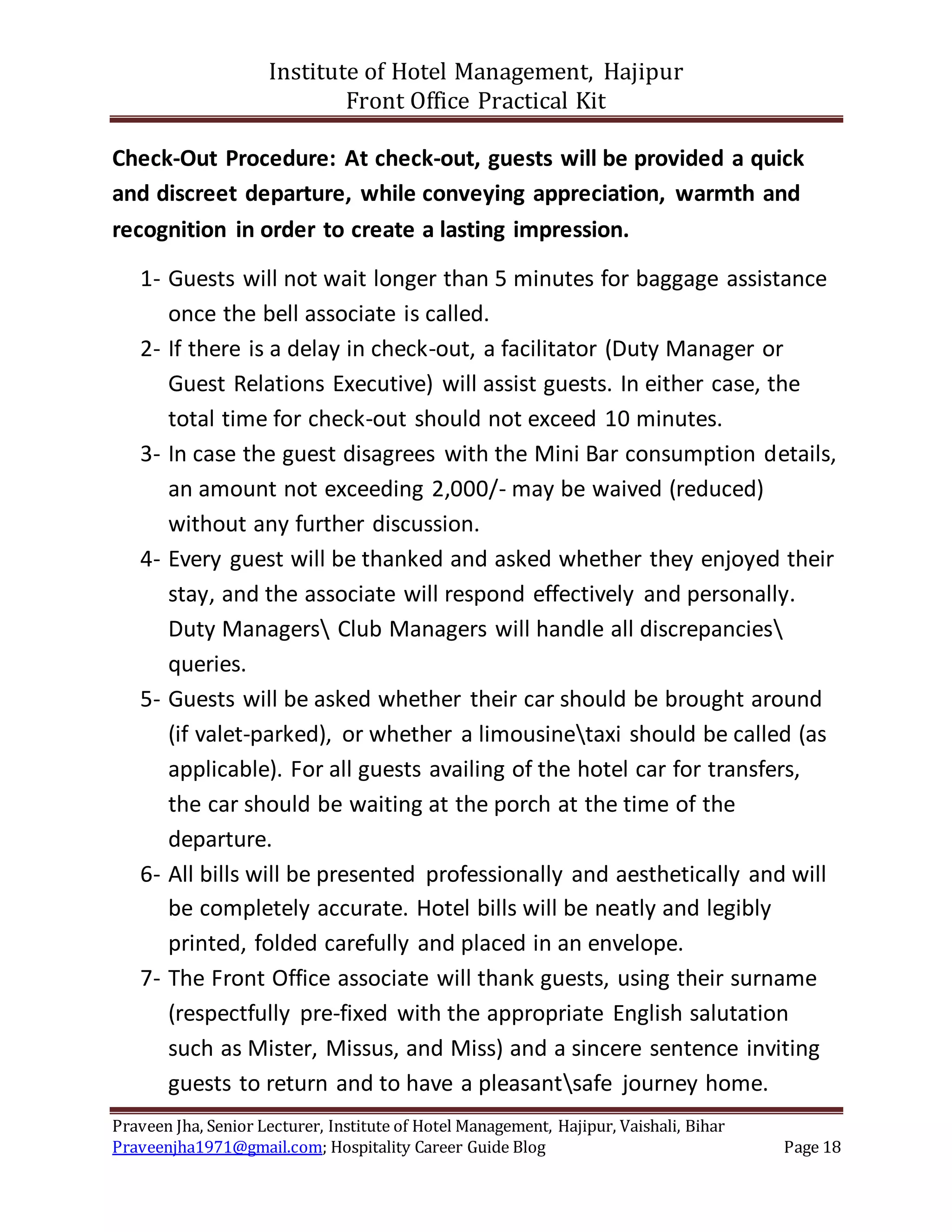 Front Office Practical Role Play Scripts for Hotel | DOCX