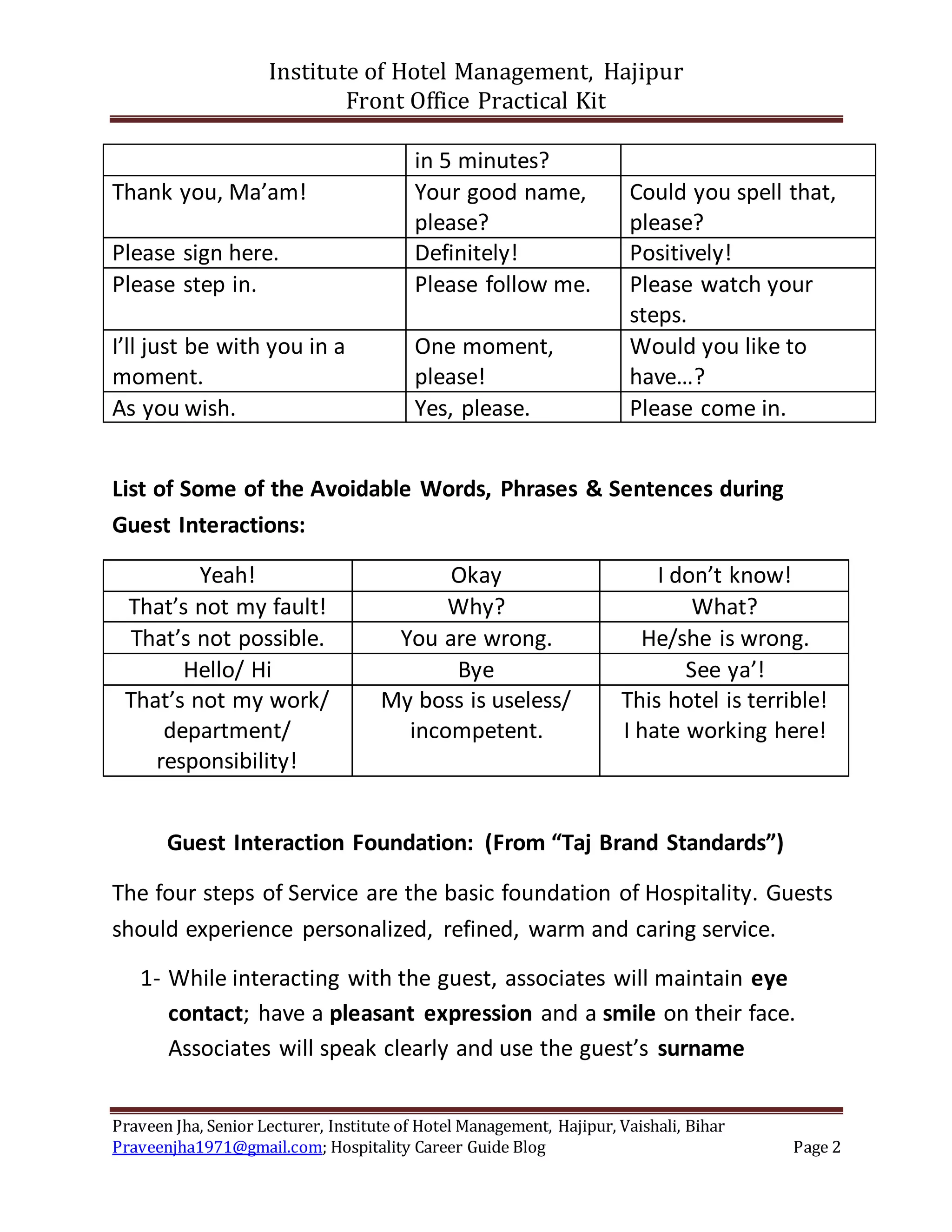 Front Office Practical Role Play Scripts for Hotel | DOCX