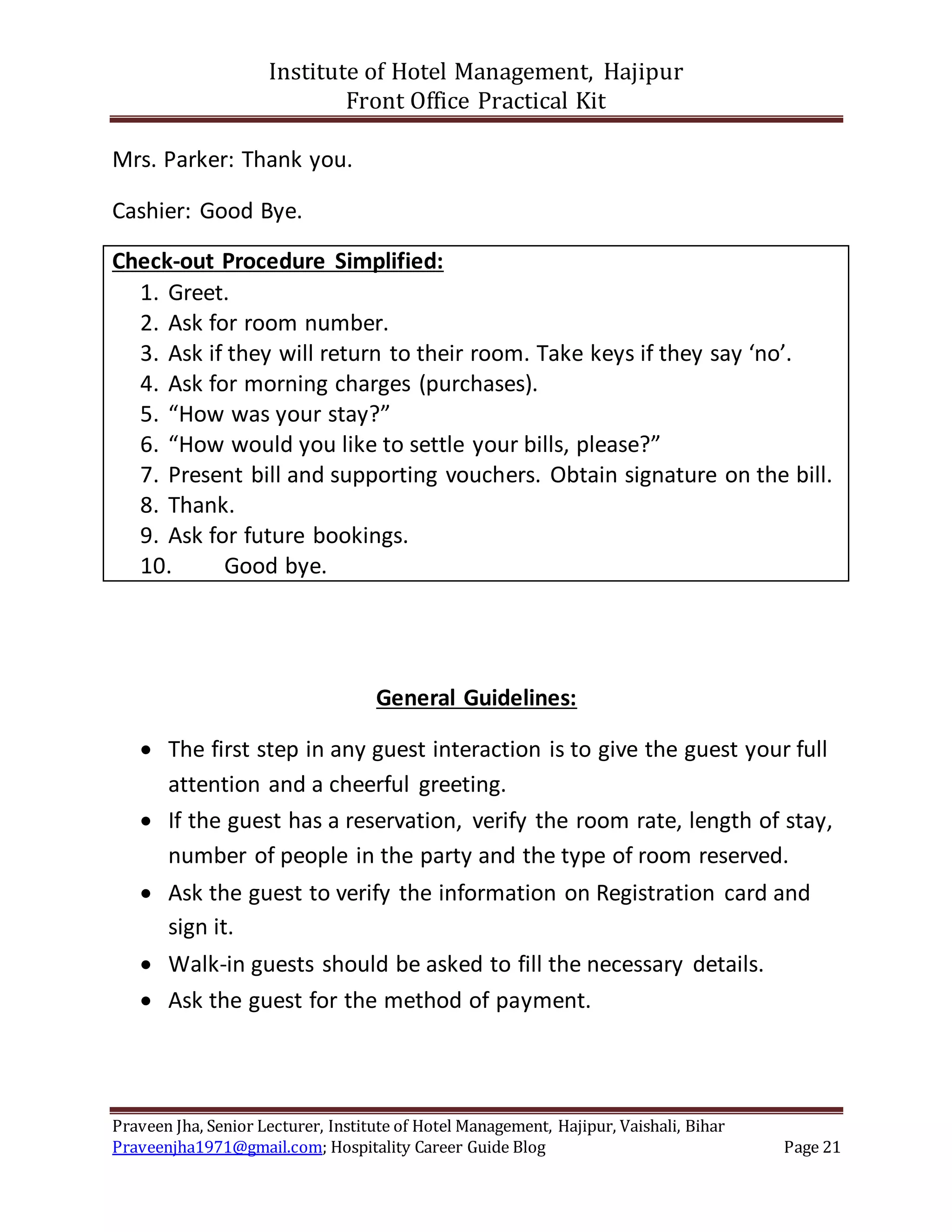 Front Office Practical Role Play Scripts for Hotel | DOCX