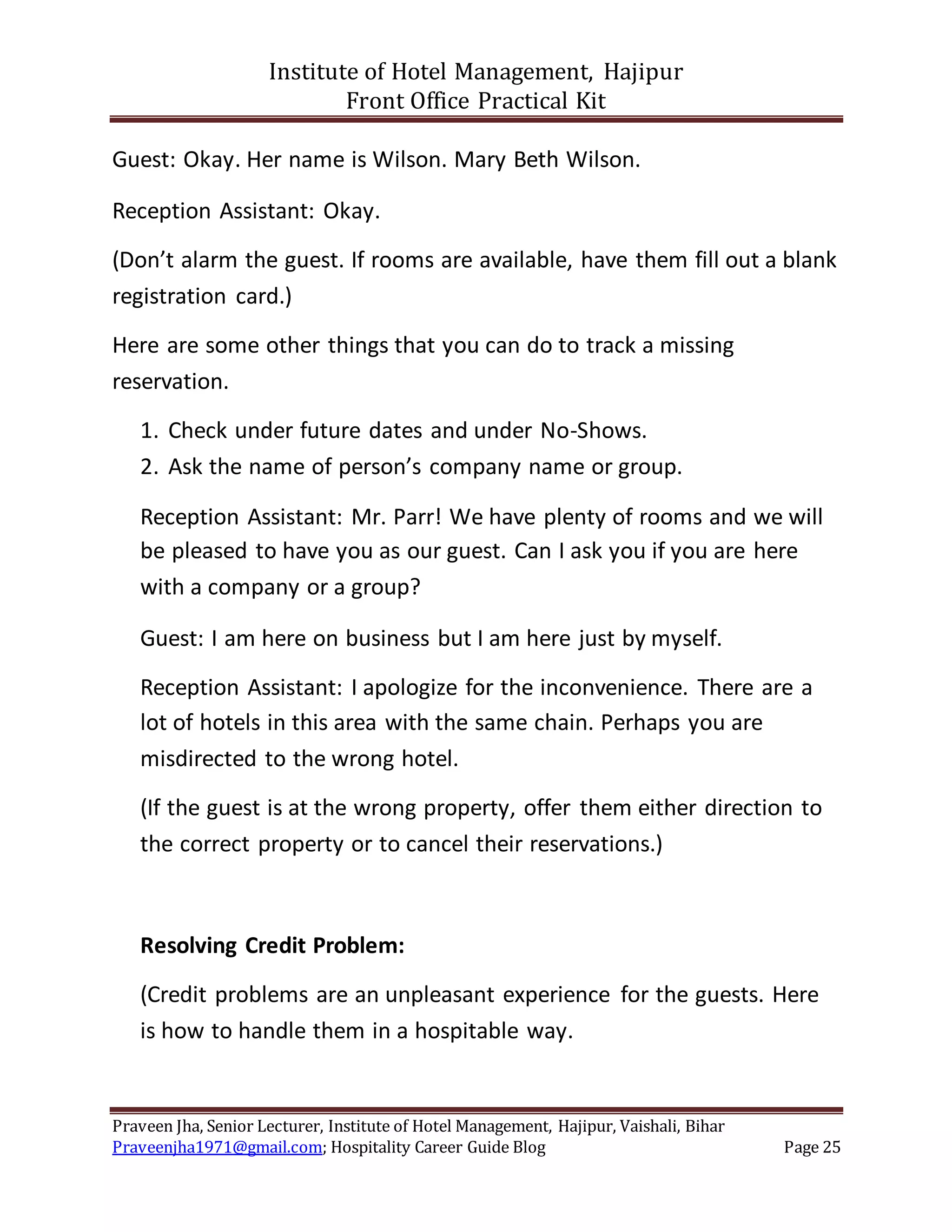 Front Office Practical Role Play Scripts for Hotel | DOCX