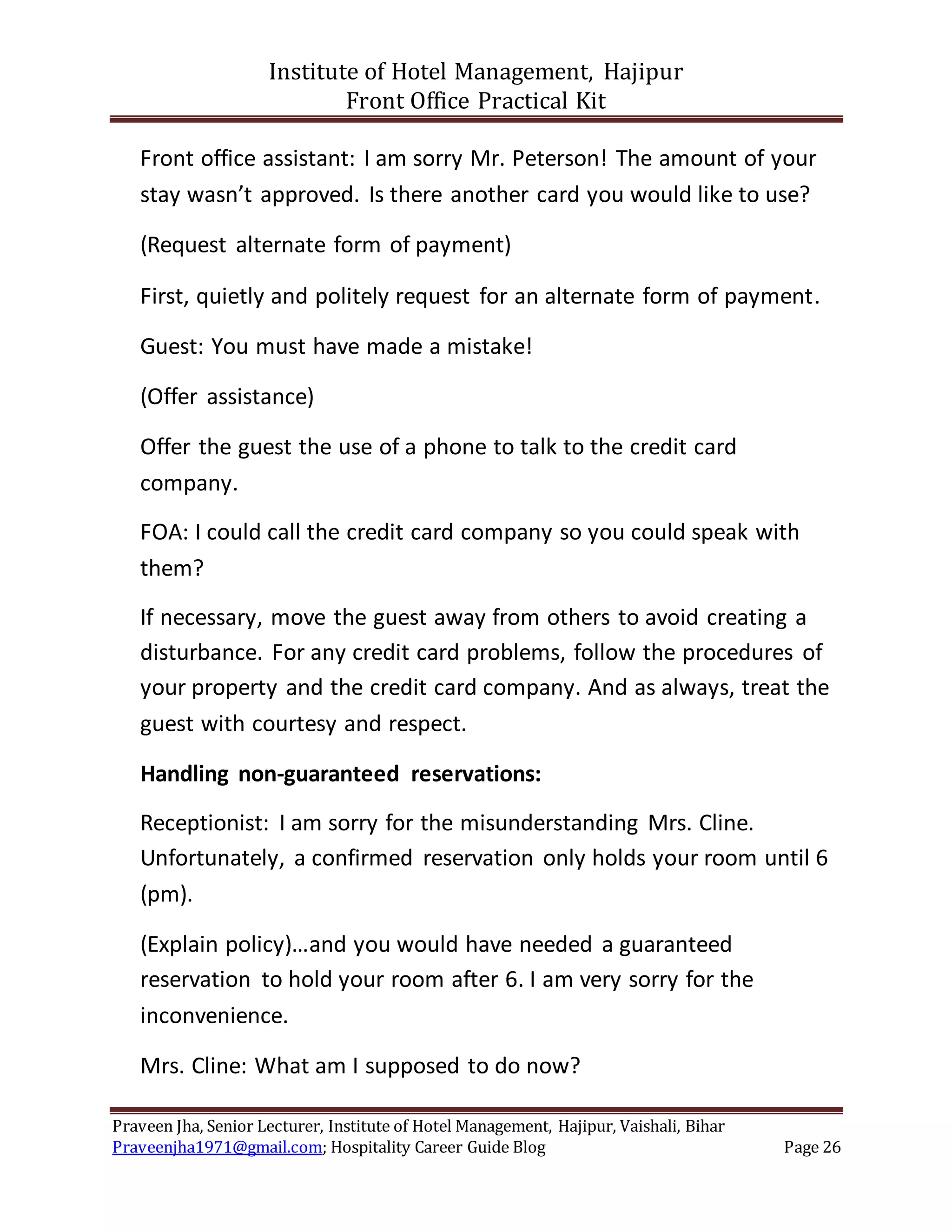 Front Office Practical Role Play Scripts for Hotel | DOCX