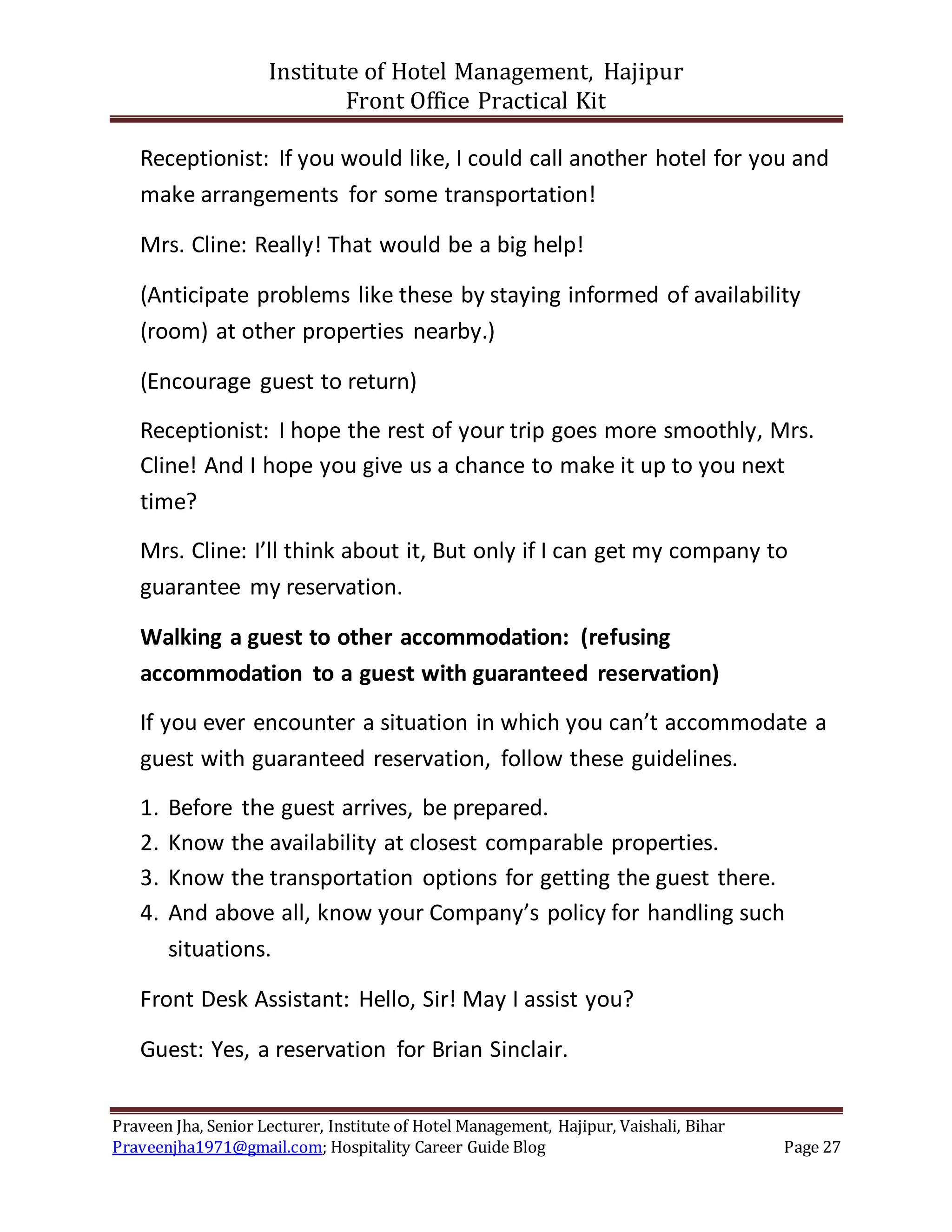 Front Office Practical Role Play Scripts for Hotel | DOCX