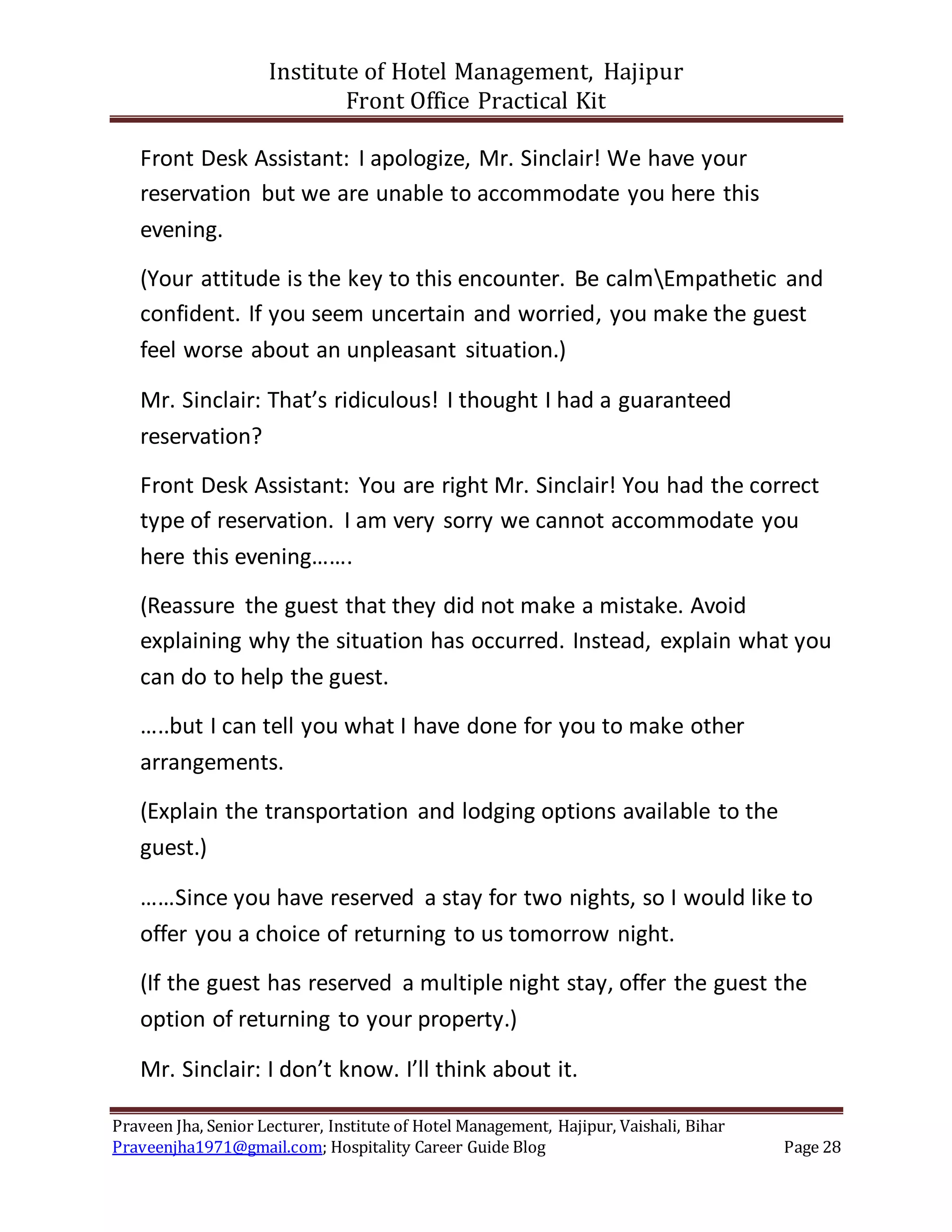 Front Office Practical Role Play Scripts for Hotel | DOCX