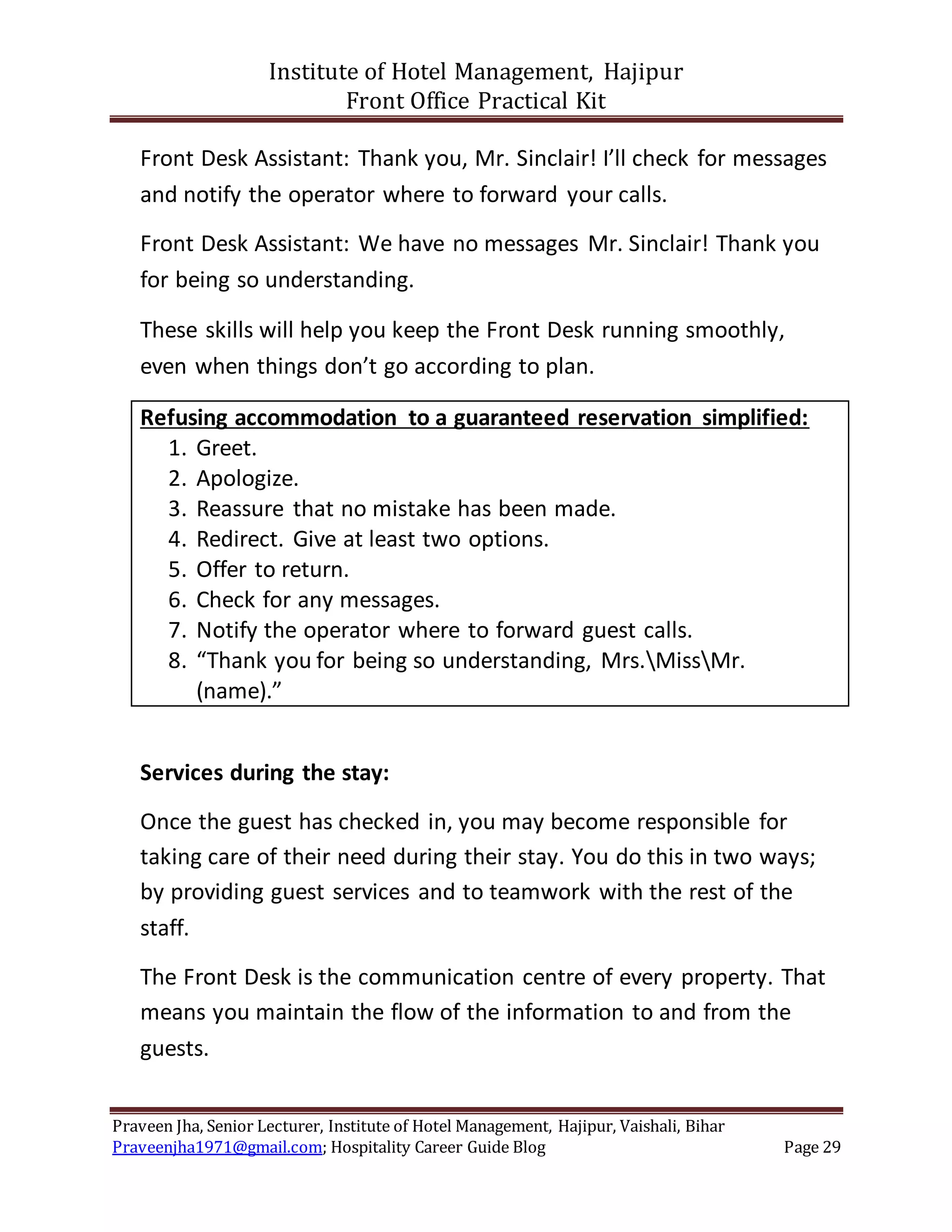 Front Office Practical Role Play Scripts for Hotel | DOCX