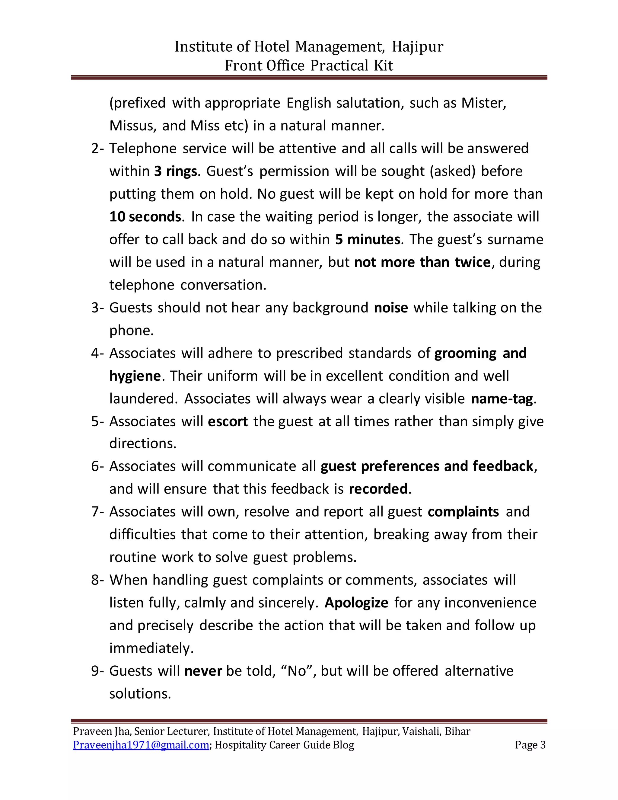 Front Office Practical Role Play Scripts for Hotel | DOCX