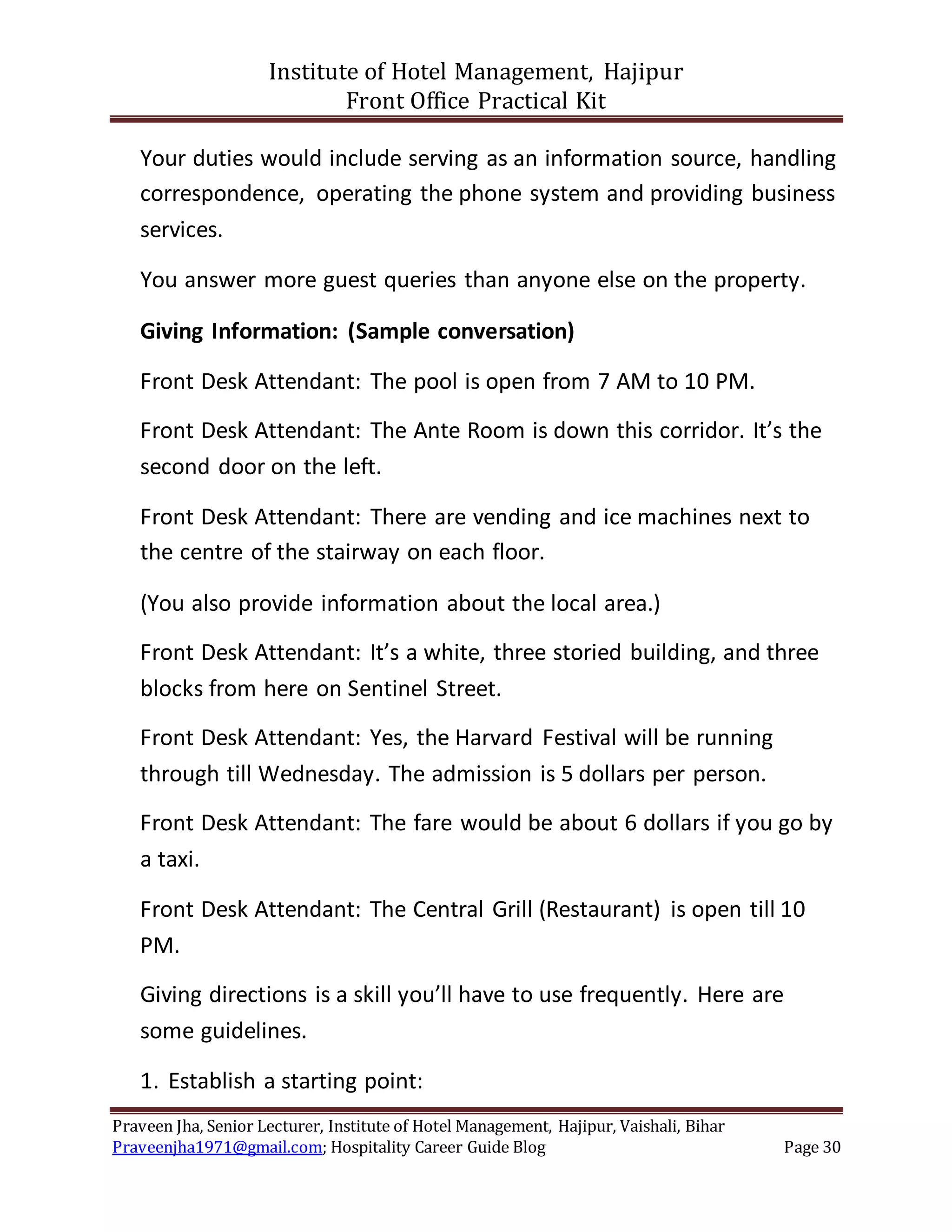 Front Office Practical Role Play Scripts for Hotel | DOCX