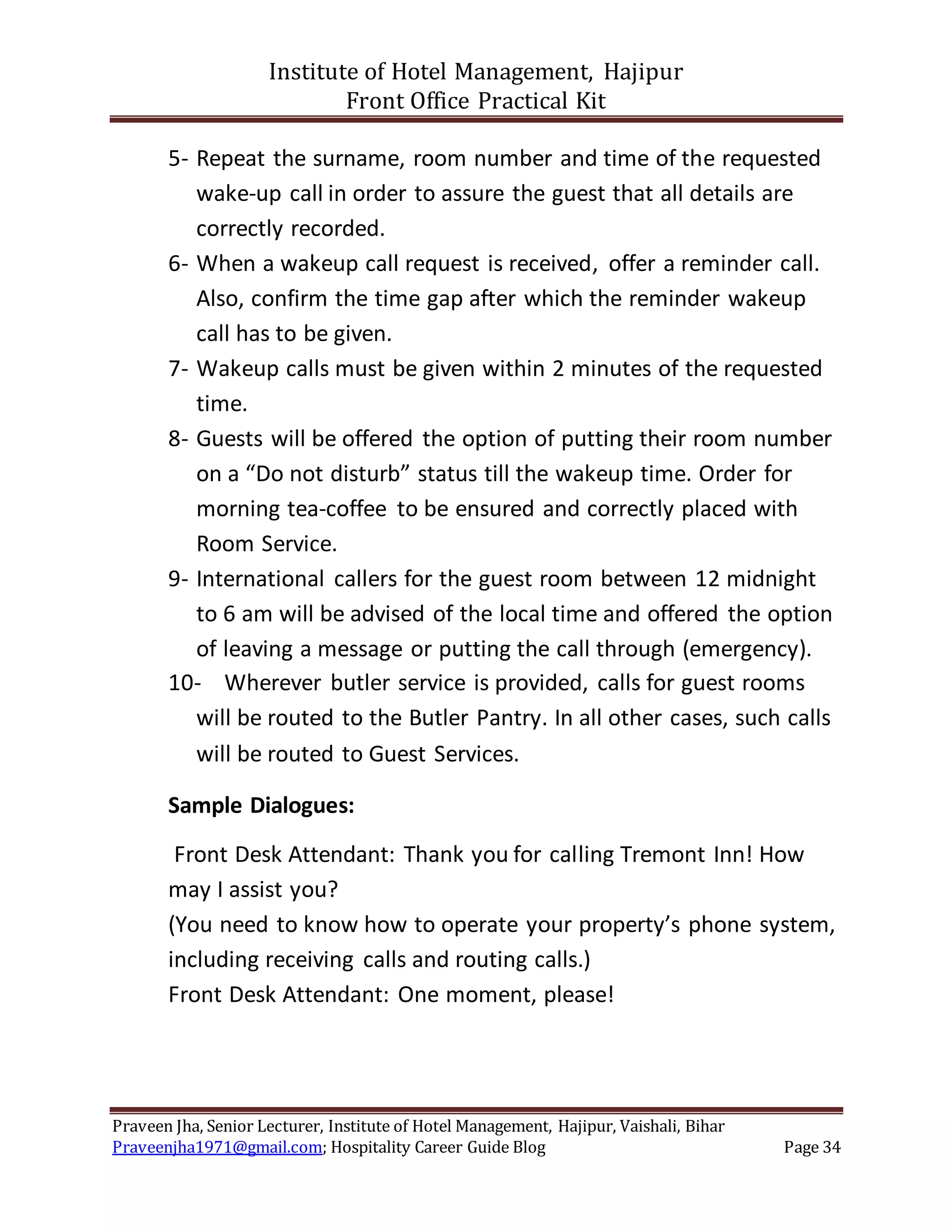 Front Office Practical Role Play Scripts for Hotel | DOCX