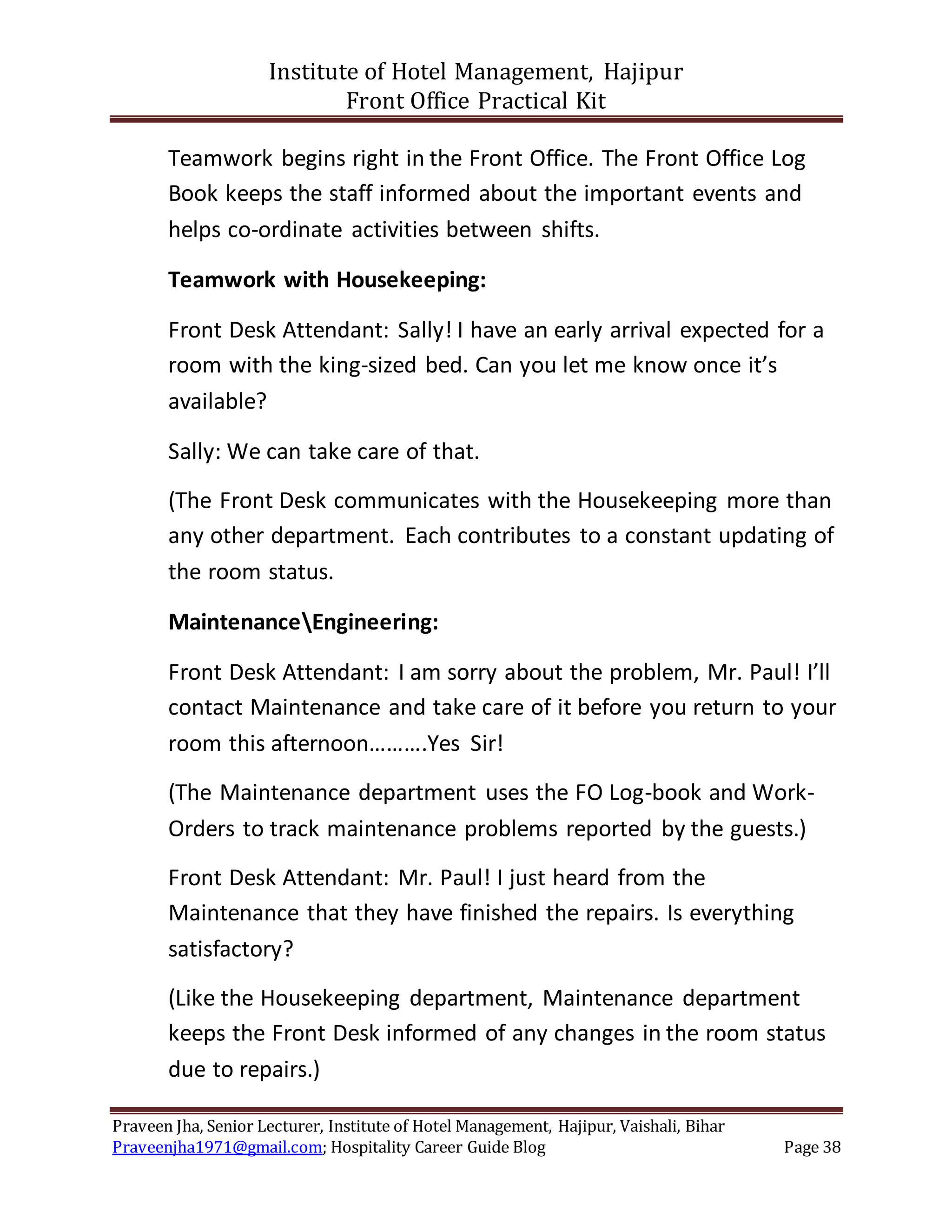 Front Office Practical Role Play Scripts for Hotel | DOCX