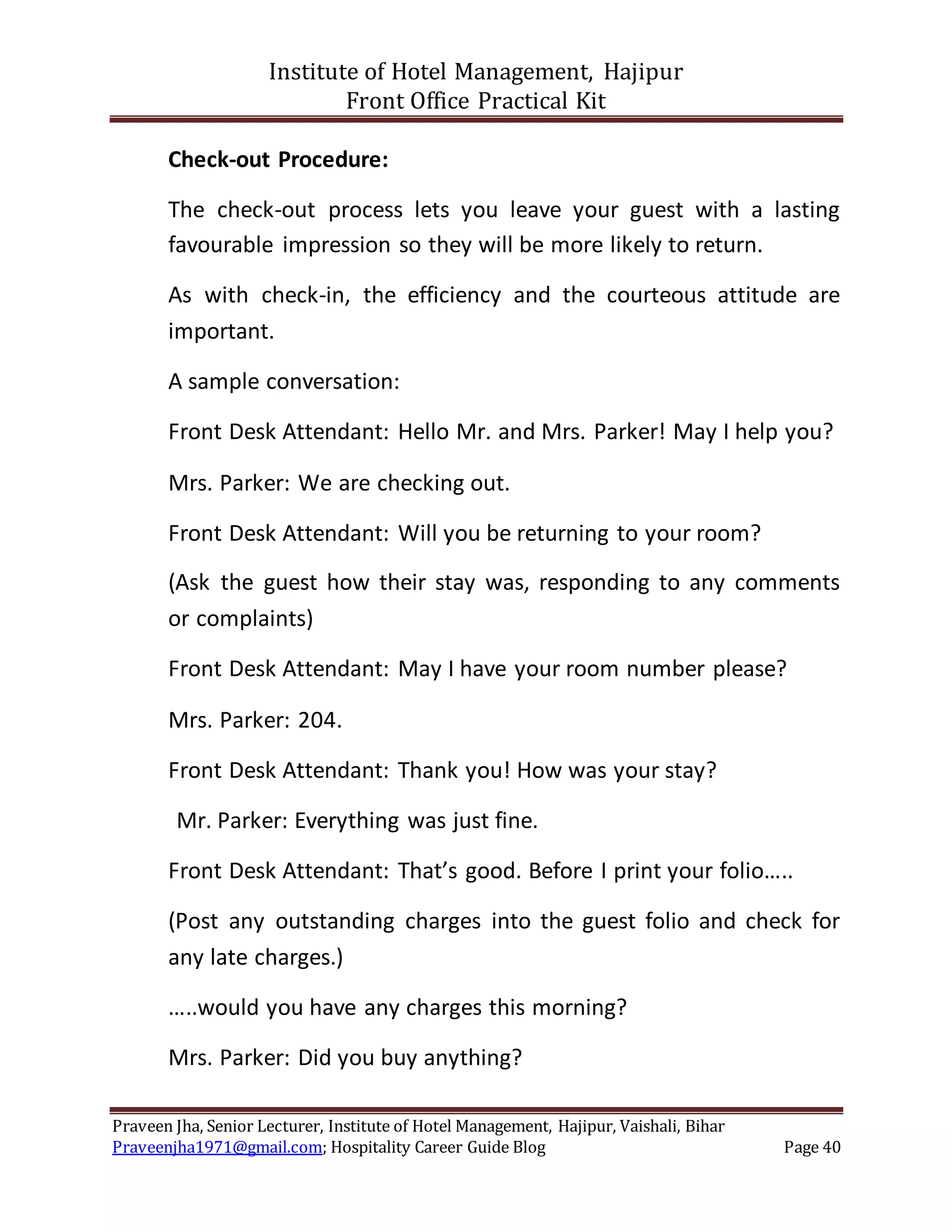 Front Office Practical Role Play Scripts for Hotel | DOCX