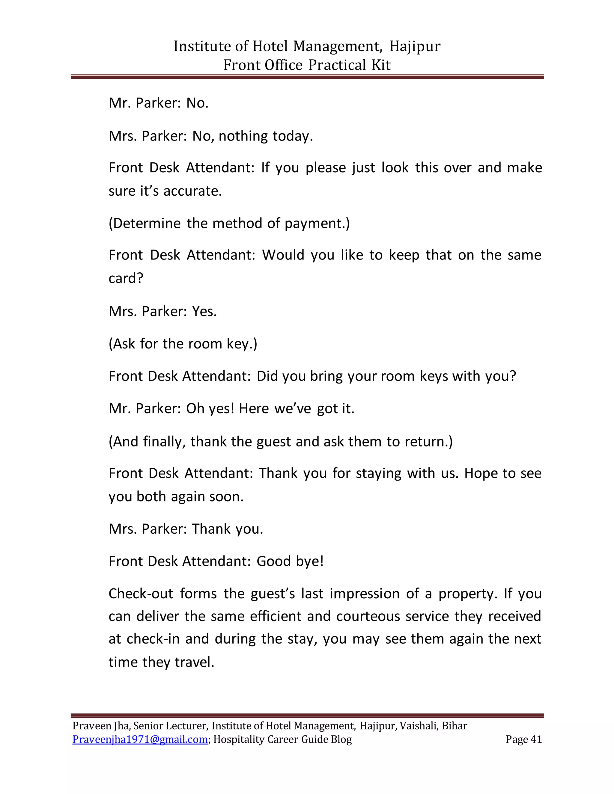 Front Office Practical Role Play Scripts for Hotel | DOCX