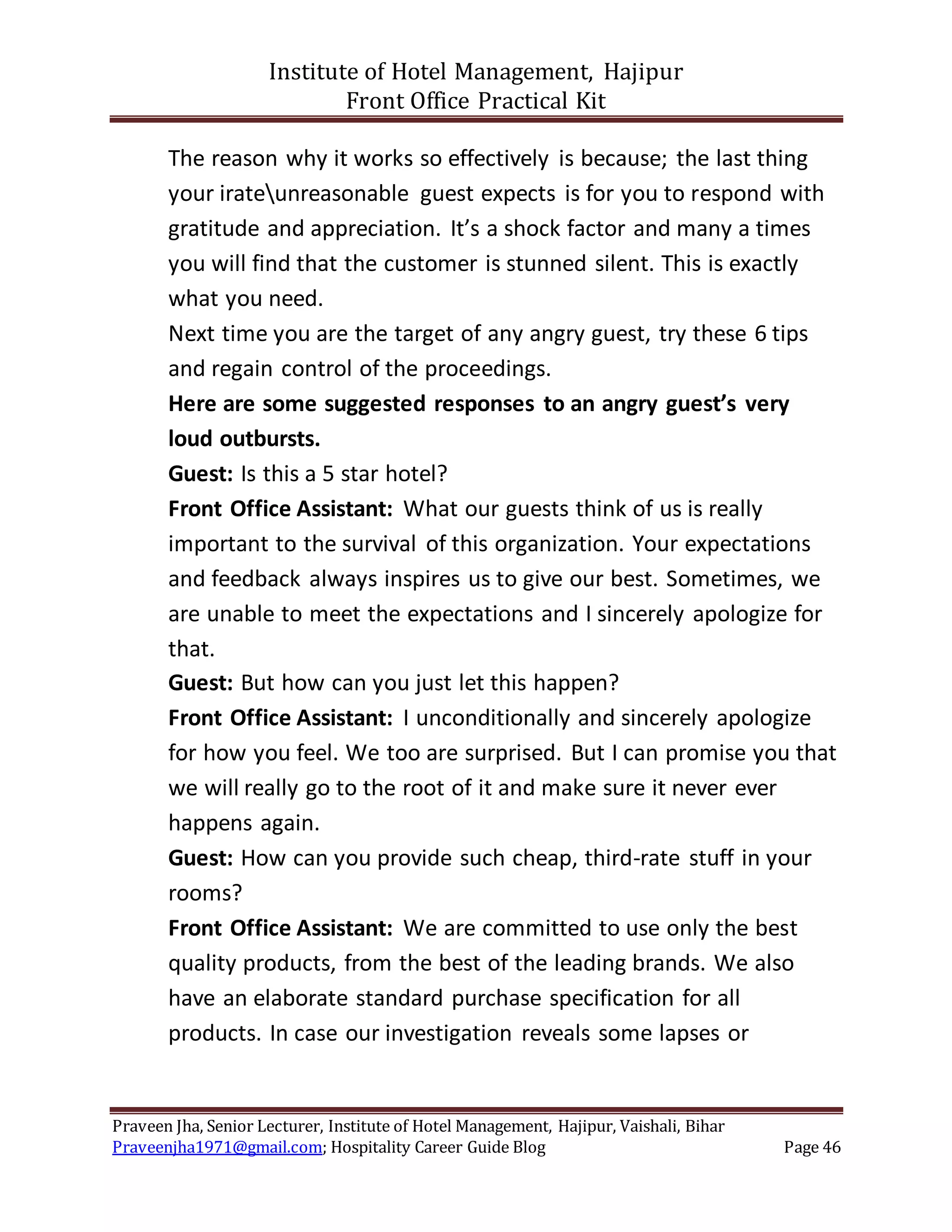 Front Office Practical Role Play Scripts for Hotel | DOCX