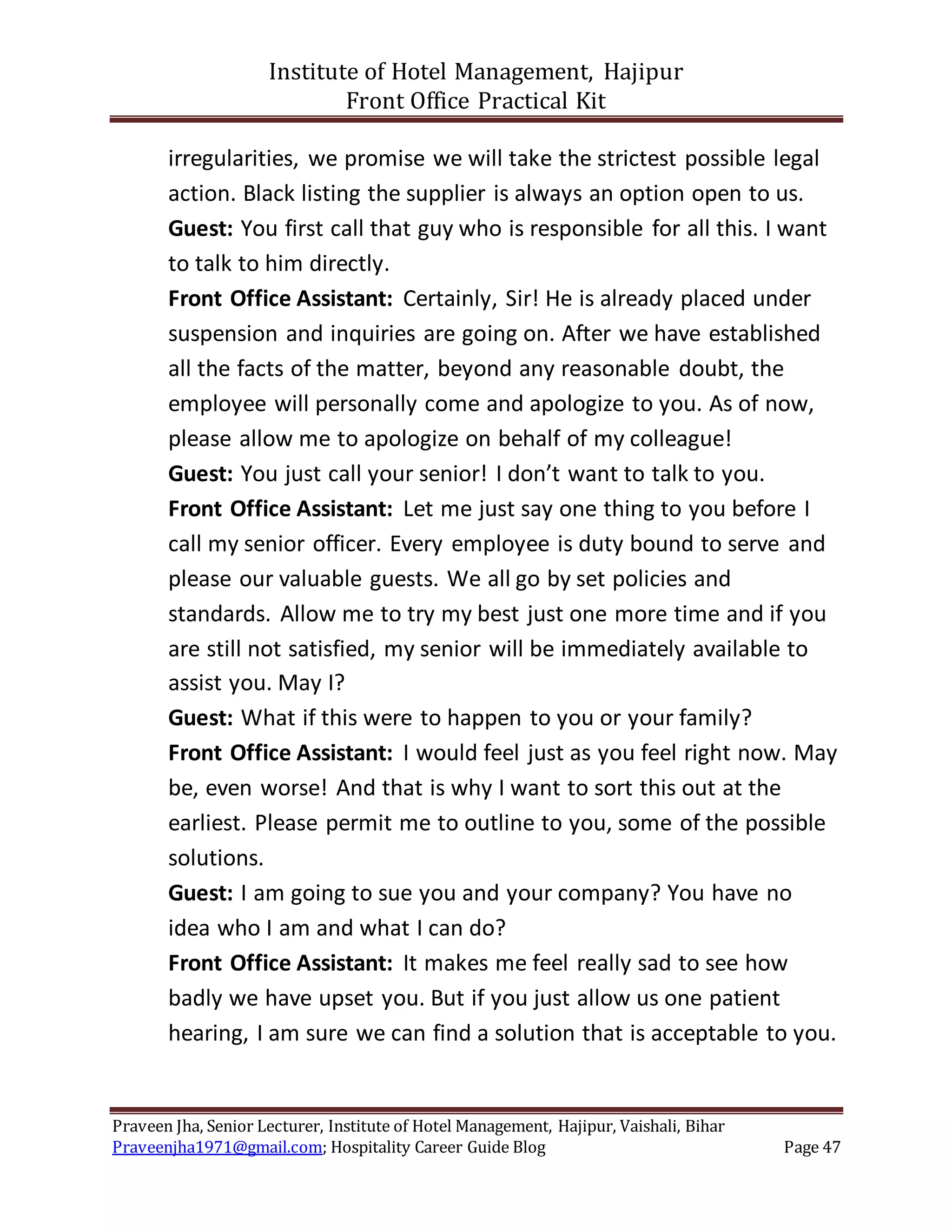 Front Office Practical Role Play Scripts for Hotel | DOCX