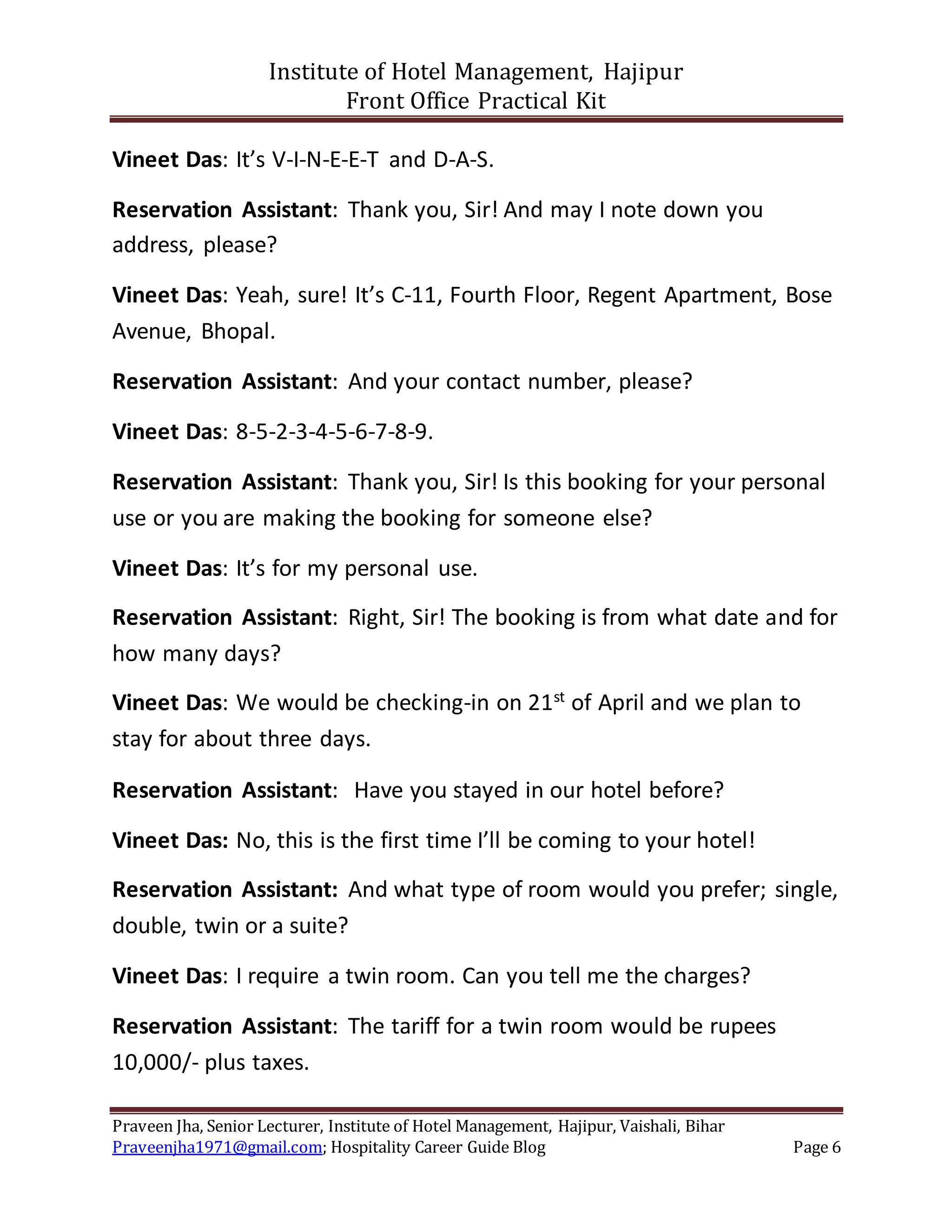 Front Office Practical Role Play Scripts for Hotel | DOCX