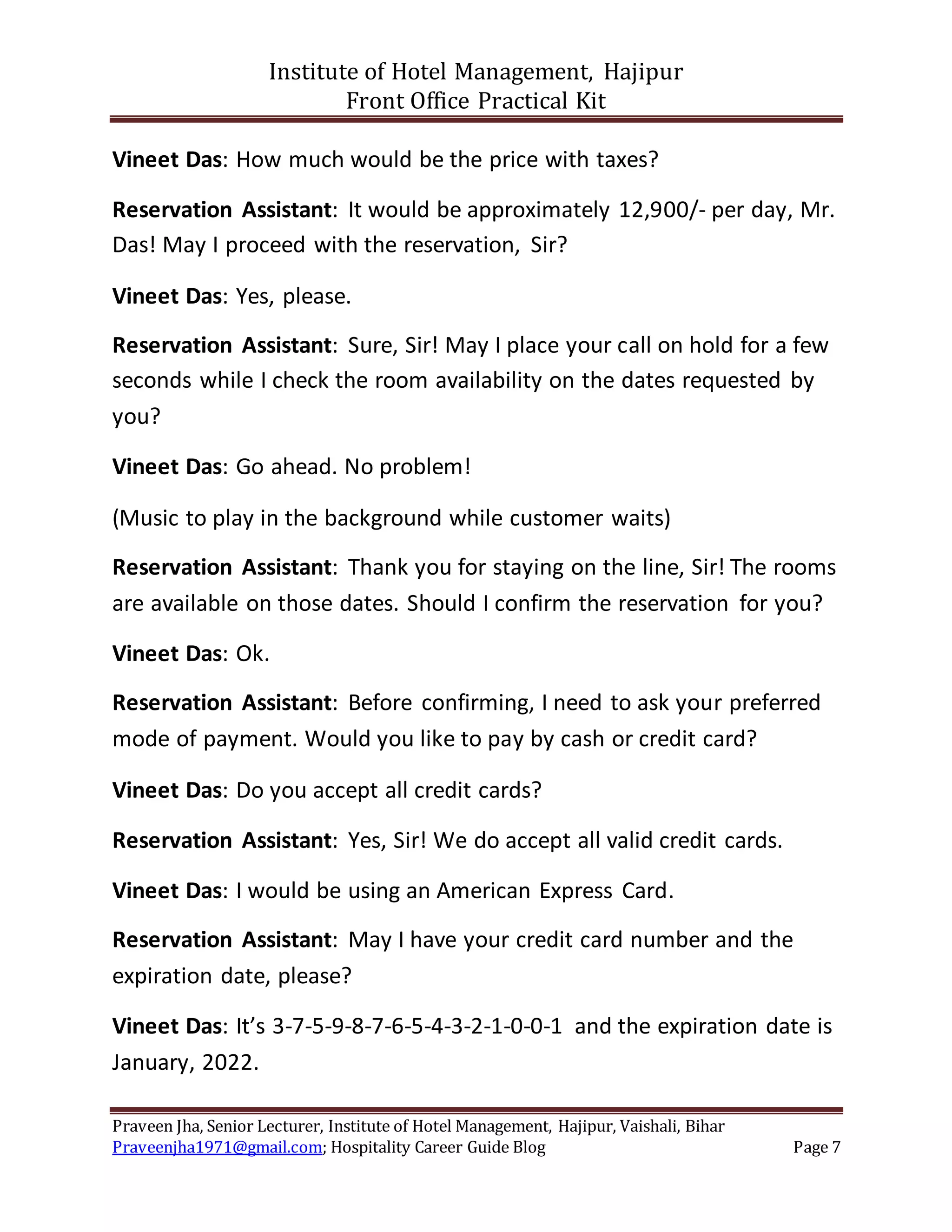 Front Office Practical Role Play Scripts for Hotel | DOCX