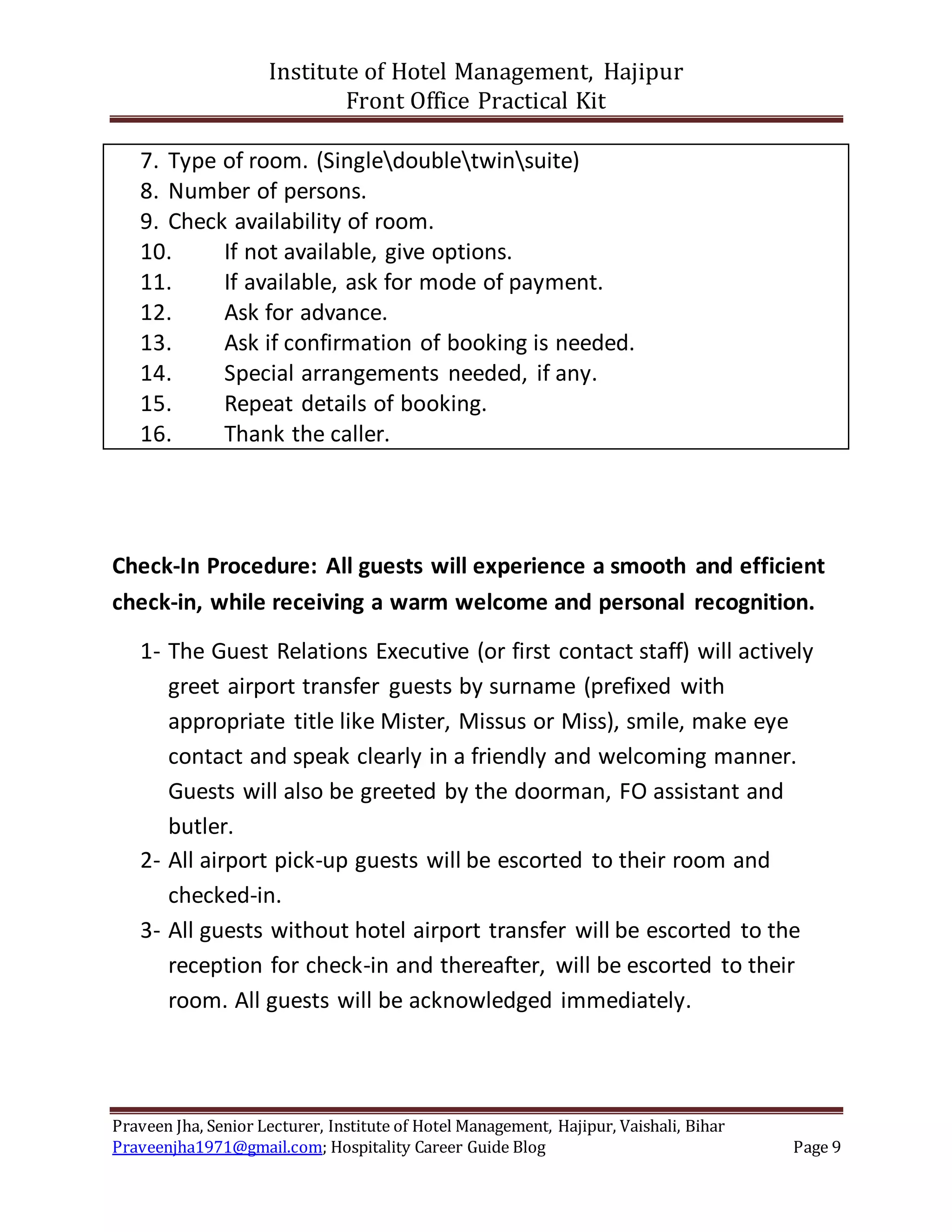 Front Office Practical Role Play Scripts for Hotel | DOCX