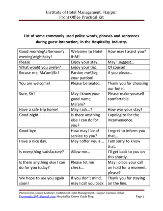 Front Office Practical Role Play Scripts for Hotel | DOCX