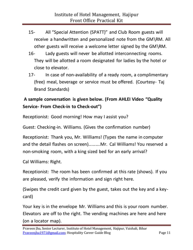 Front Office Practical Role Play Scripts for Hotel | DOCX