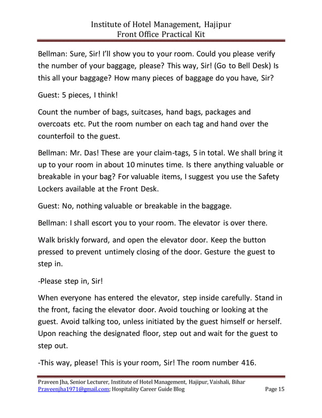 Front Office Practical Role Play Scripts for Hotel | DOCX