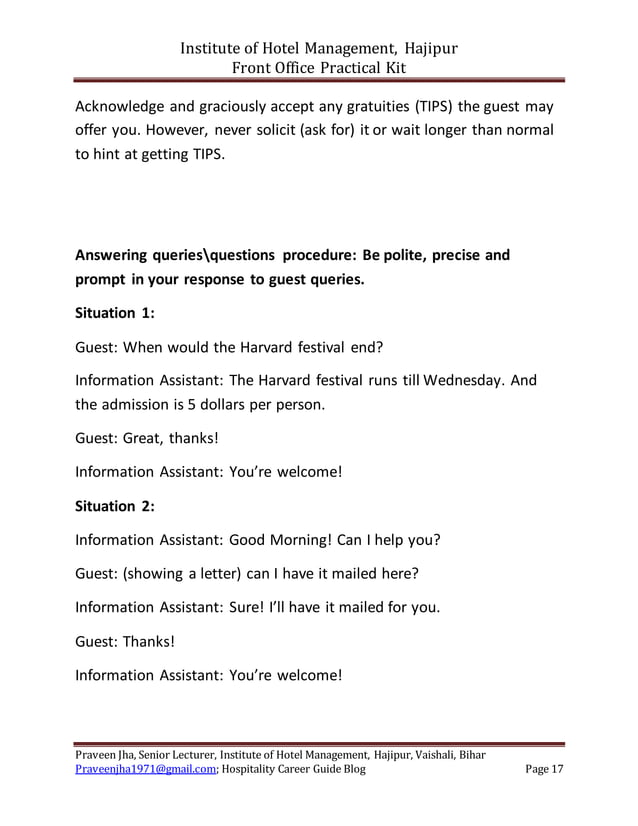 Front Office Practical Role Play Scripts for Hotel | DOCX