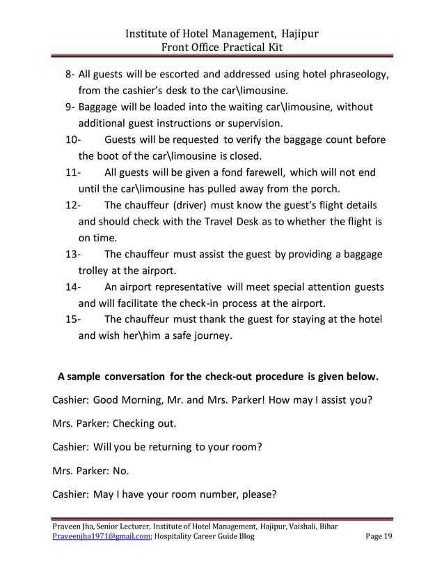 Front Office Practical Role Play Scripts for Hotel | DOCX