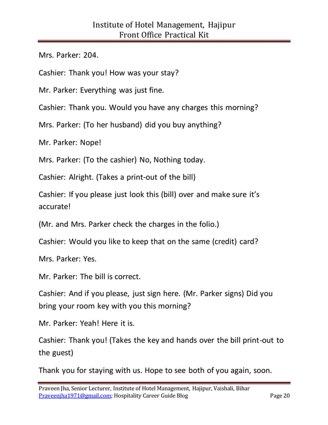 Front Office Practical Role Play Scripts for Hotel | DOCX