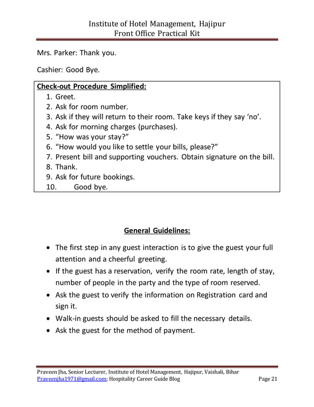 Front Office Practical Role Play Scripts for Hotel | DOCX