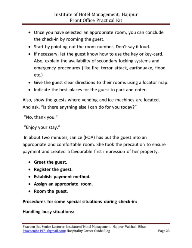 Front Office Practical Role Play Scripts for Hotel | DOCX