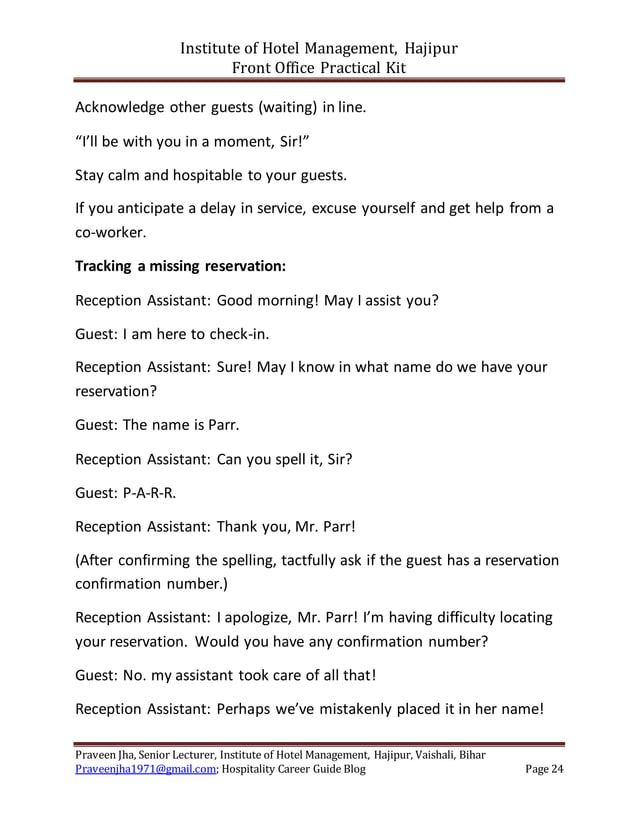 Front Office Practical Role Play Scripts for Hotel | DOCX