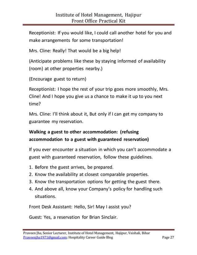 Front Office Practical Role Play Scripts for Hotel | DOCX