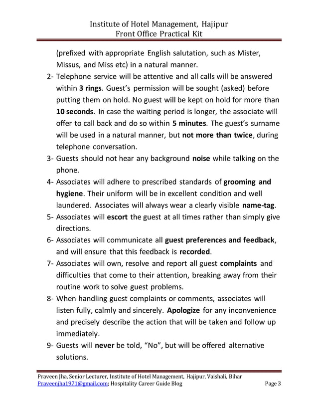 Front Office Practical Role Play Scripts for Hotel | DOCX