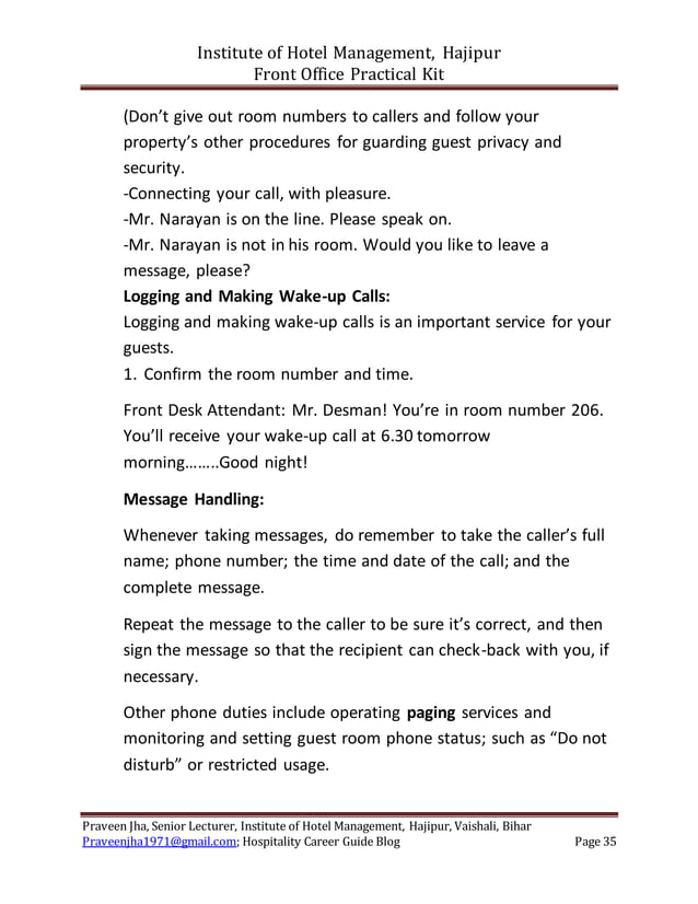 Front Office Practical Role Play Scripts for Hotel | DOCX