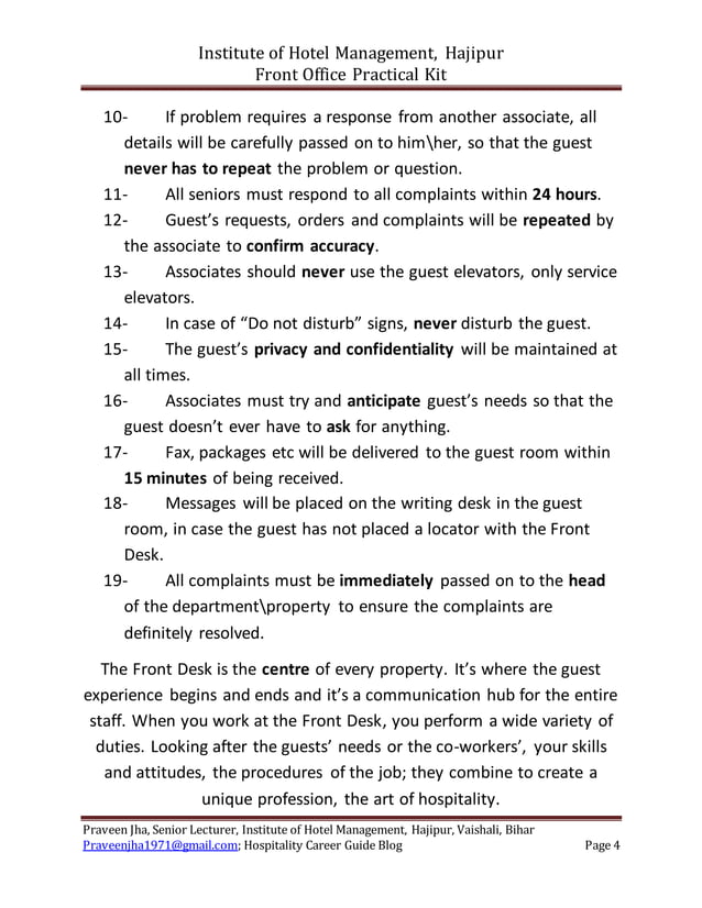 Front Office Practical Role Play Scripts for Hotel | DOCX