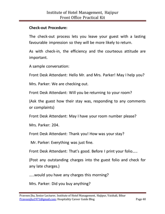 Front Office Practical Role Play Scripts for Hotel | DOCX