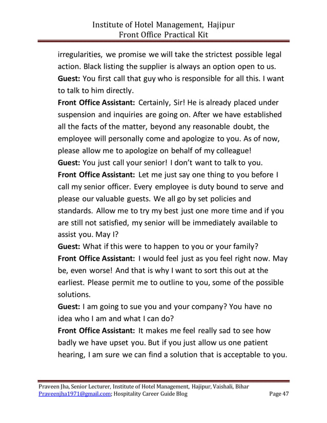 Front Office Practical Role Play Scripts for Hotel | DOCX