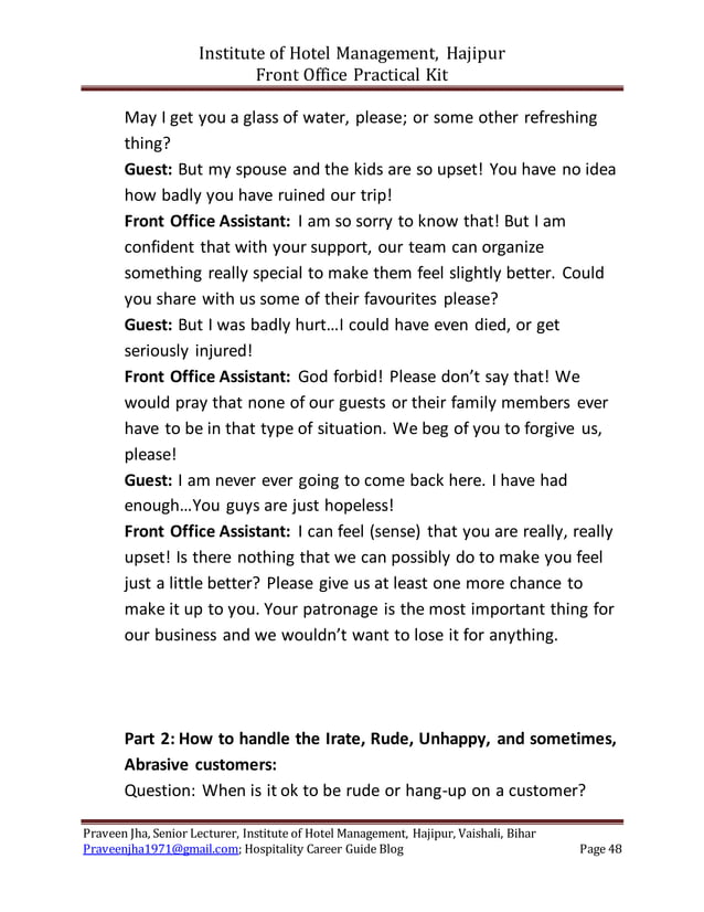 Front Office Practical Role Play Scripts for Hotel | DOCX