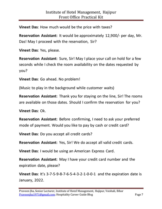 Front Office Practical Role Play Scripts for Hotel | DOCX