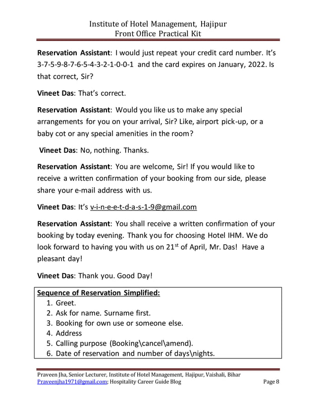 Front Office Practical Role Play Scripts for Hotel | DOCX