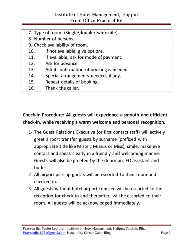 Front Office Practical Role Play Scripts for Hotel | DOCX