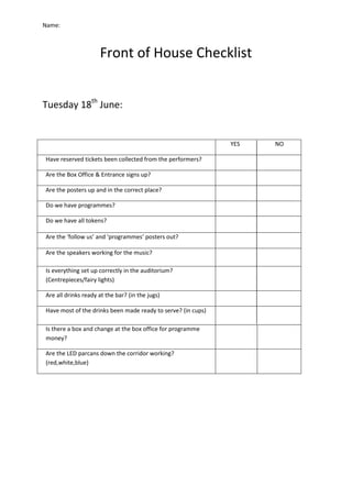 Front of house checklist | PDF