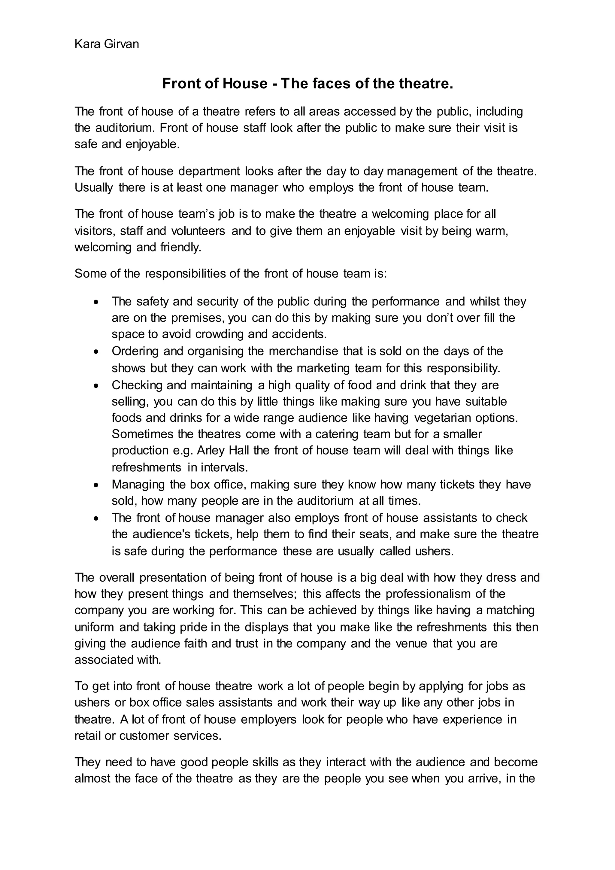 Front of house essay | PDF