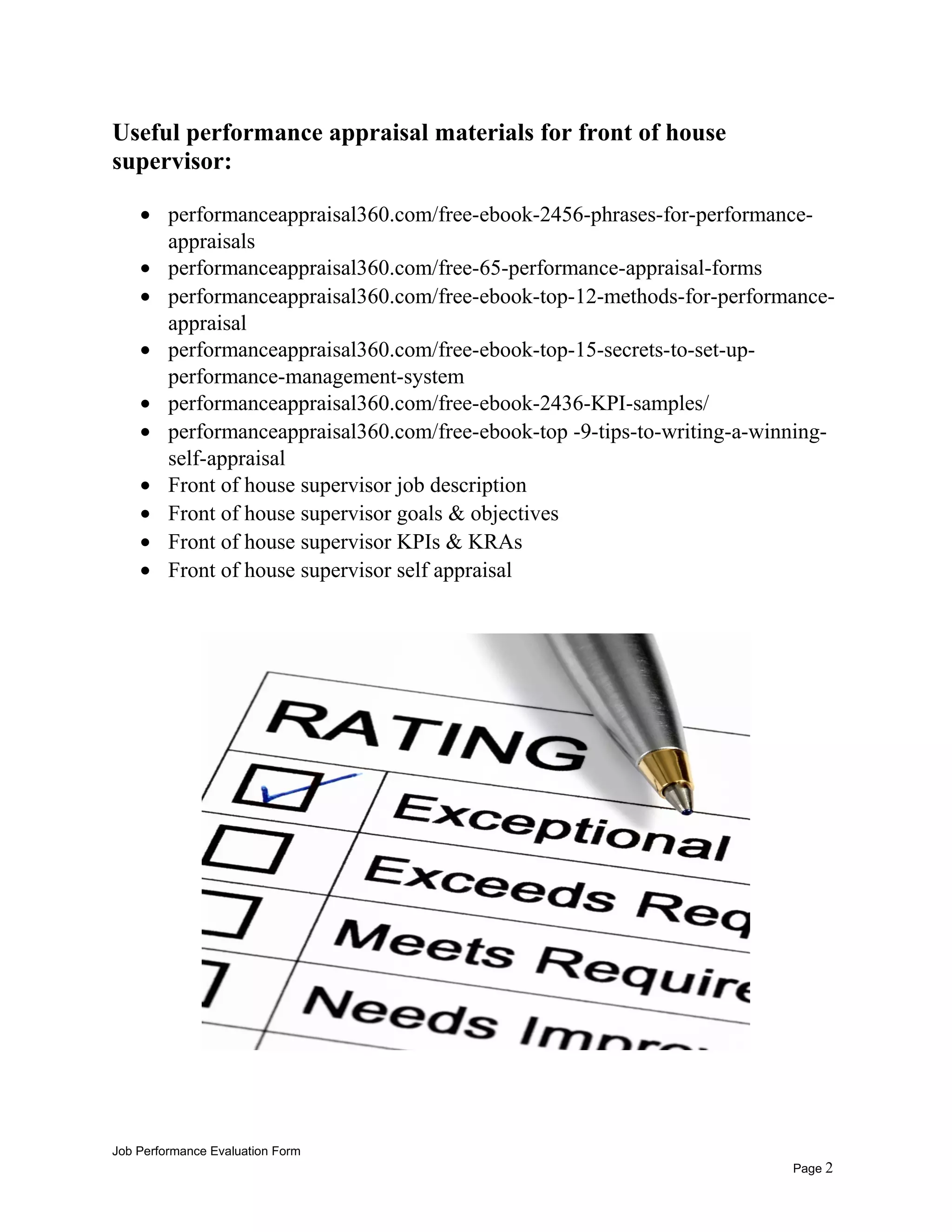 Front of house supervisor performance appraisal | DOC