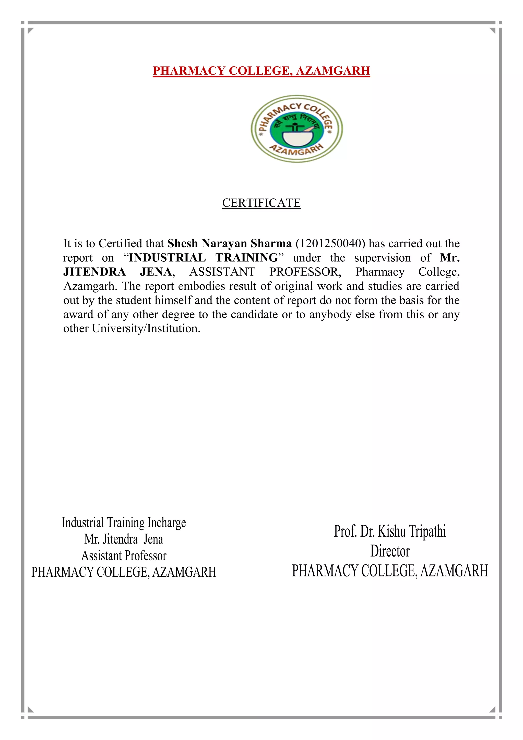 Industrial Training Projects for B. Pharma Students | PDF