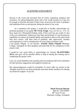 Industrial Training Projects for B. Pharma Students | PDF