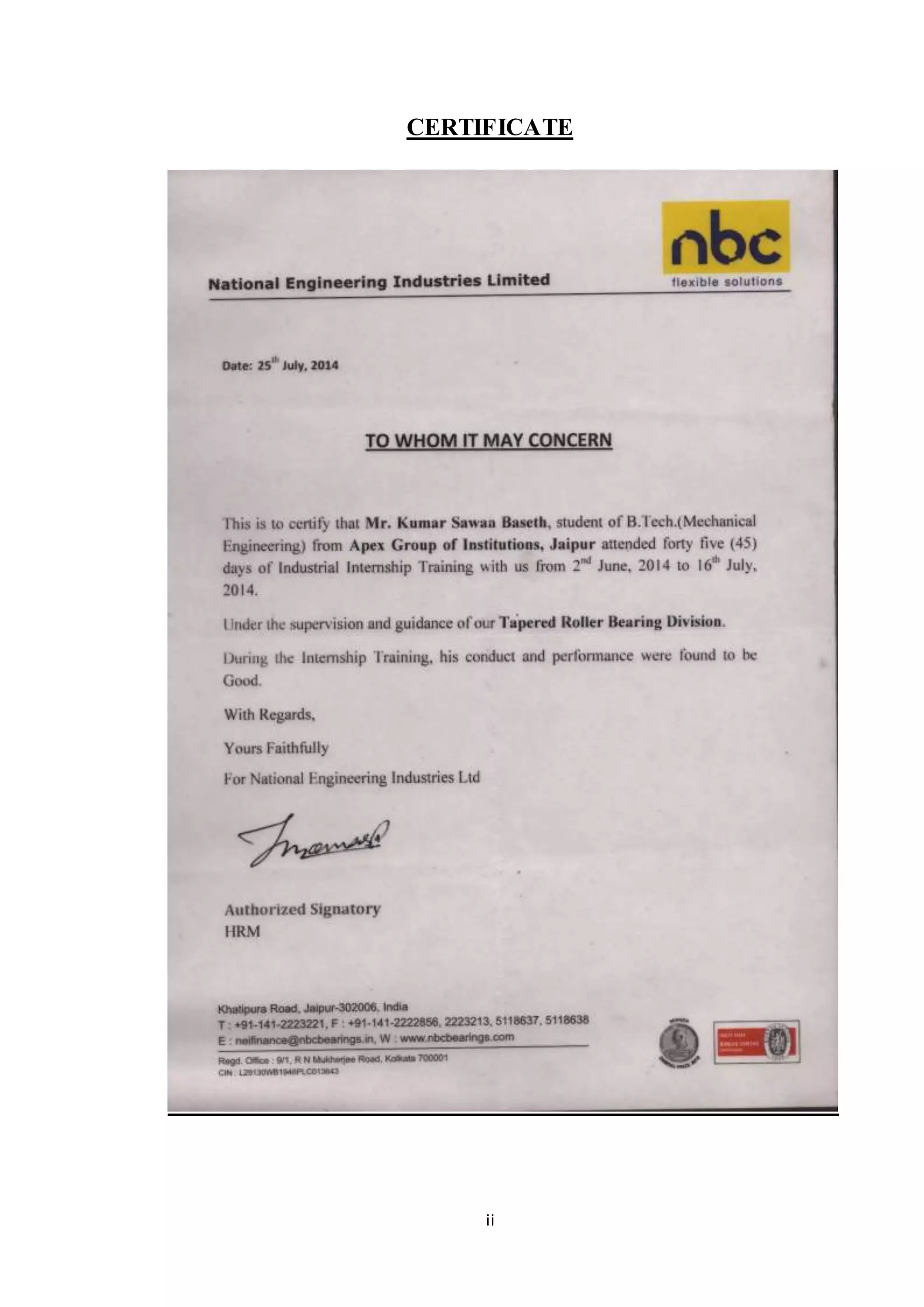 Front pages of report nbc jaipur bearing | DOCX